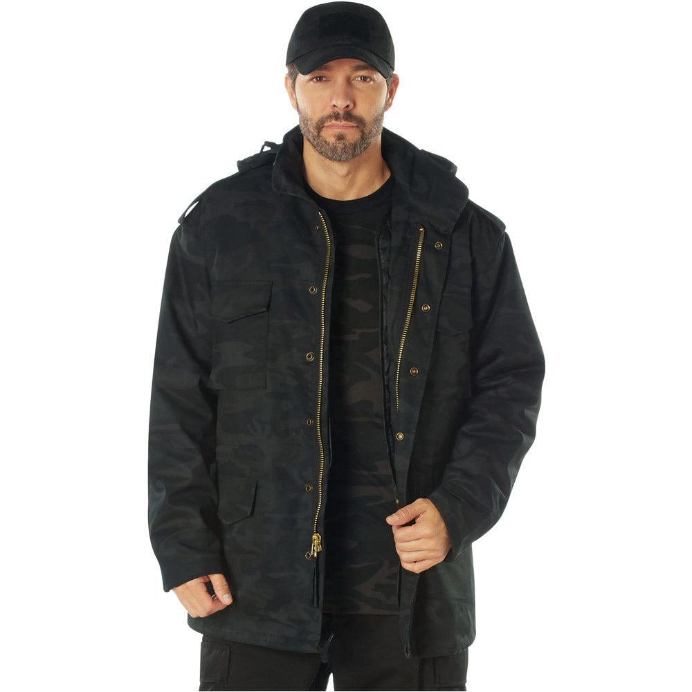 Midnight Black Camouflage Military Field Jacket with Liner